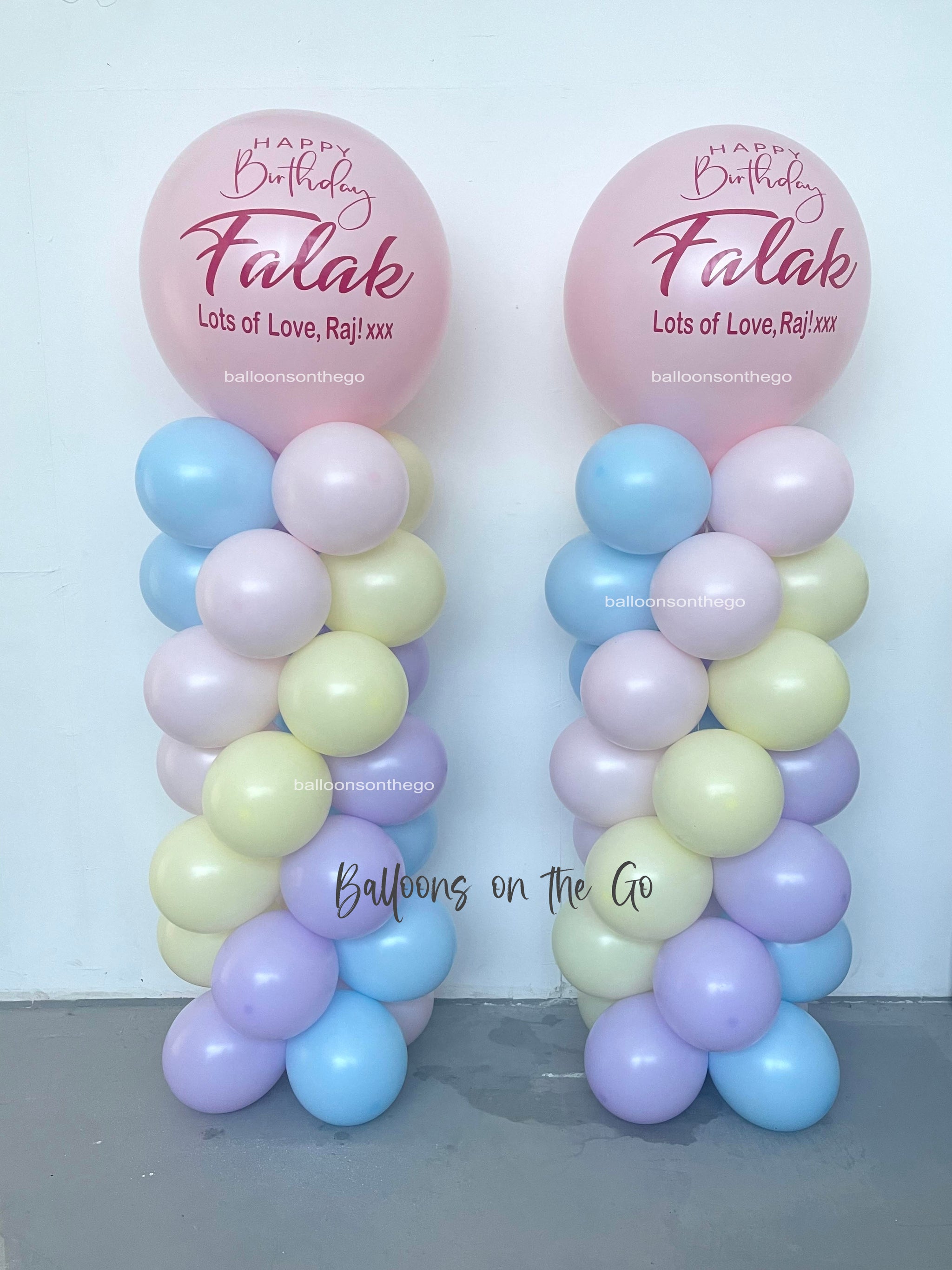 Pastel balloon towers with gaint customized balloon – Balloons On The Go